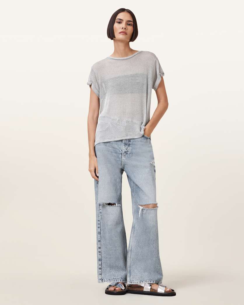 Thea Sparkle Top Metallic Silver | ALLSAINTS